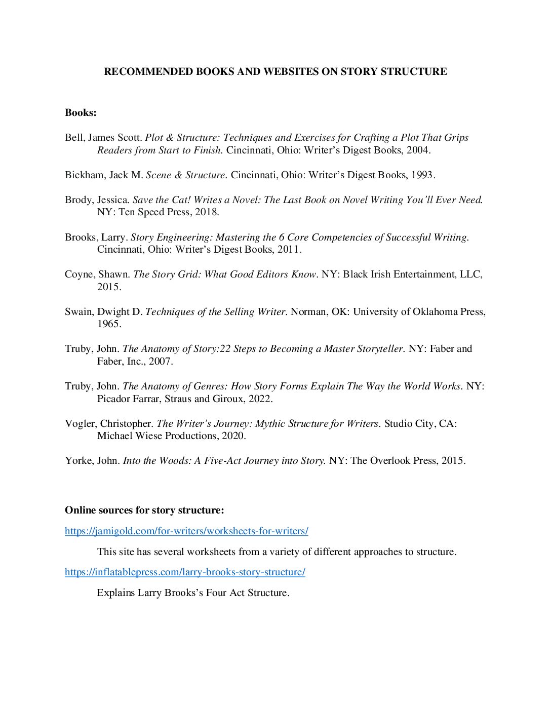 Recommended Books and Online Sources for Story Structure - J.W. Elliot ...